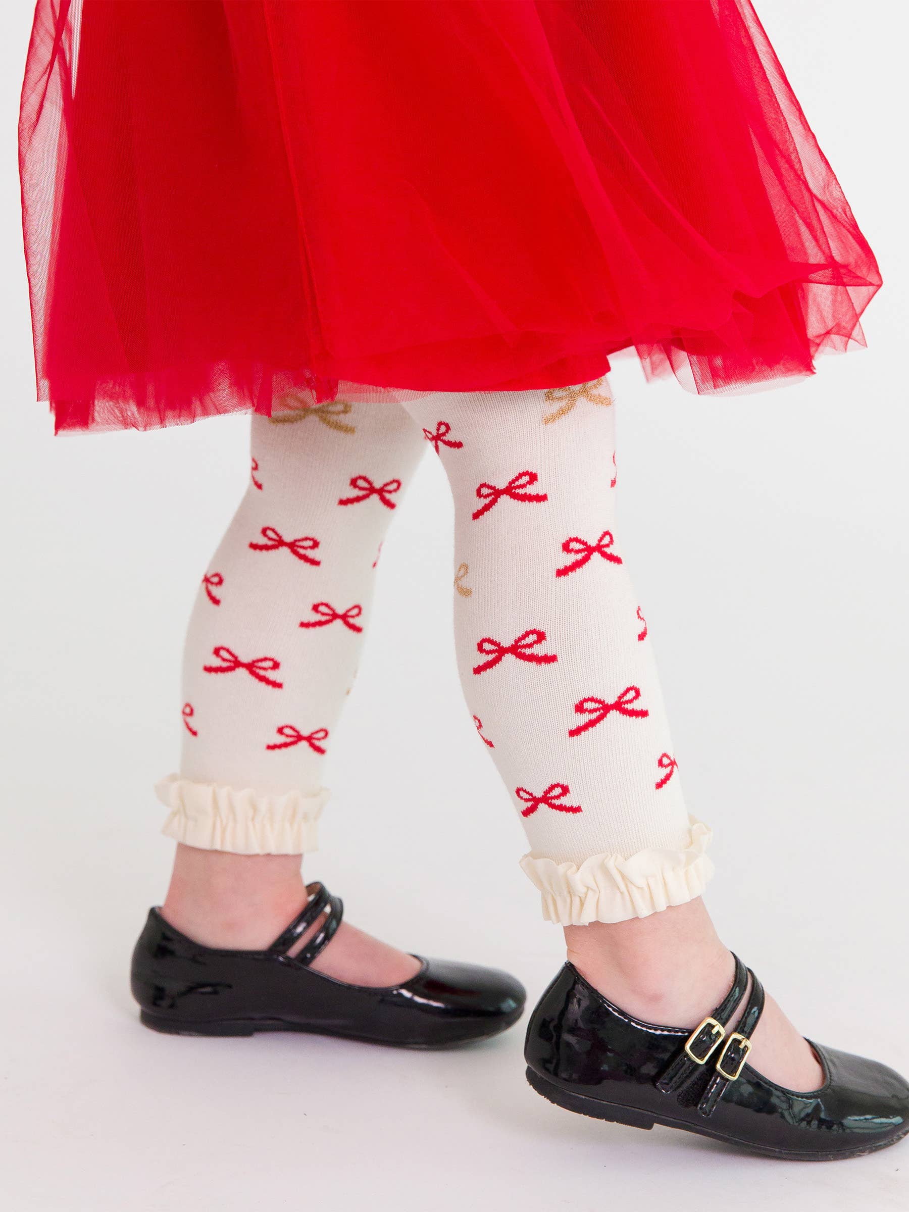 Girls Red Sparkle Bow Ribbon Patterned Footless Ruffle Tights – Wiggles ...